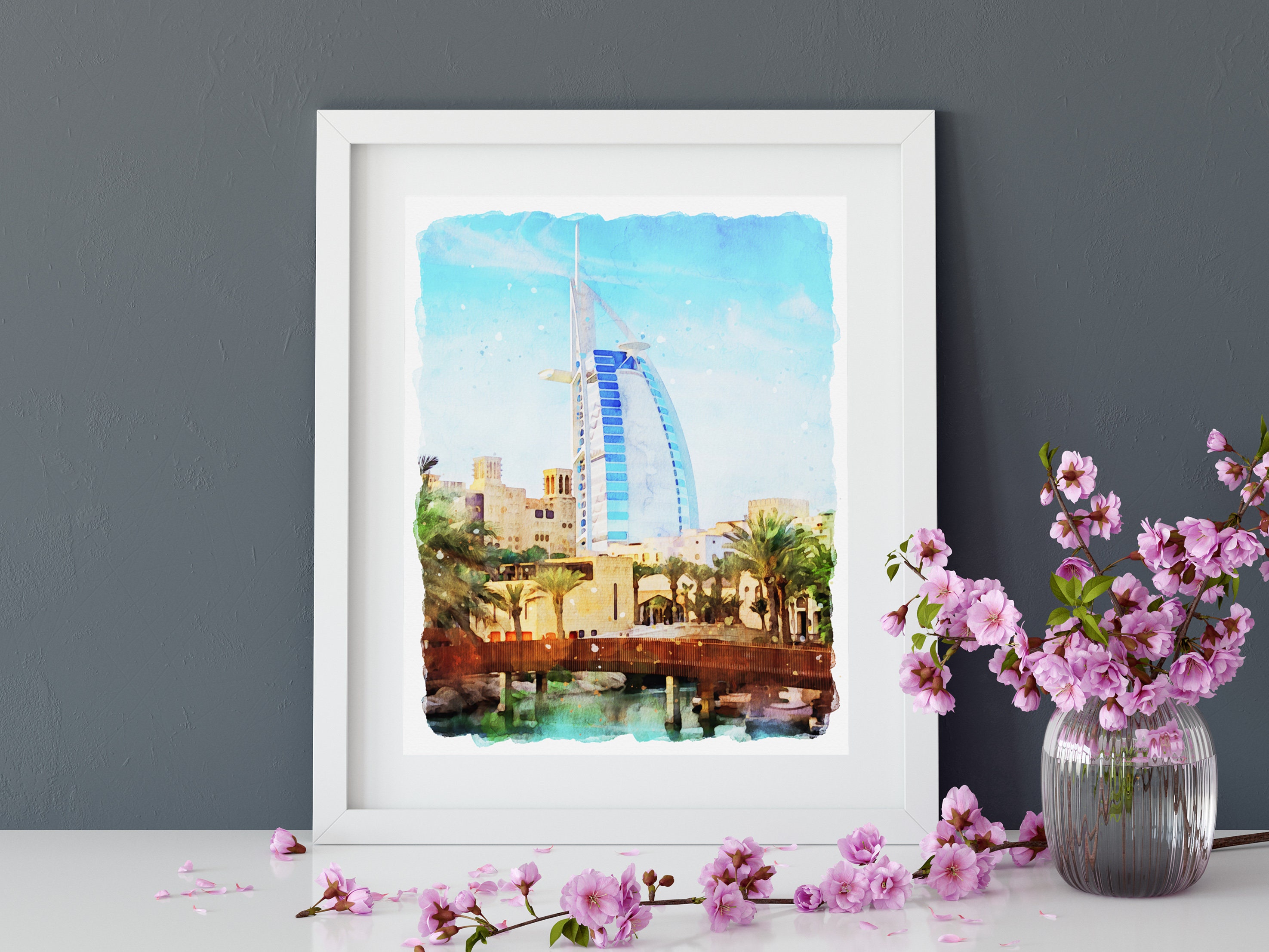 Burj Al Arab UAE, Dubai Watercolor Painting, United Arab Emirates ...