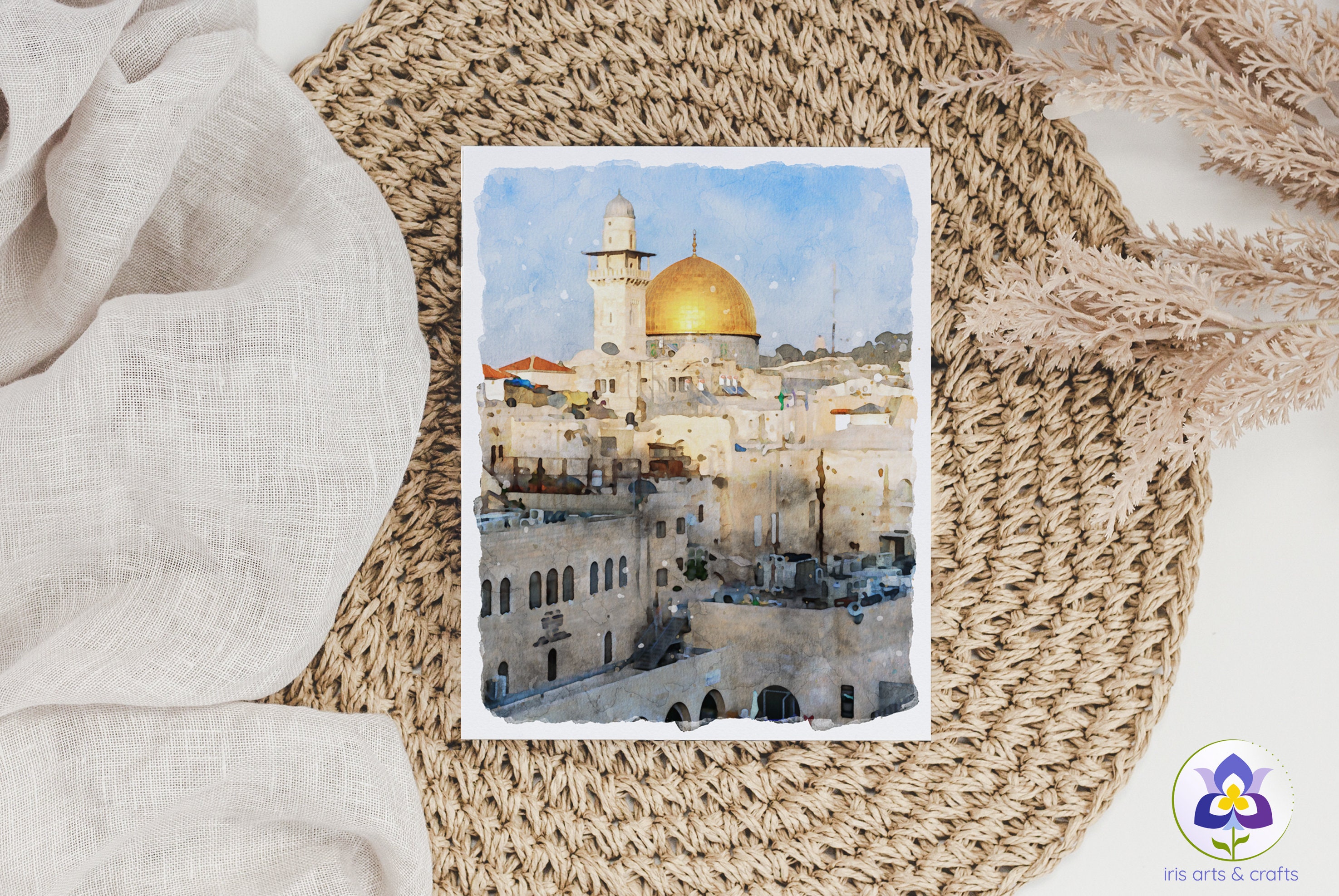 Printable Jerusalem Palestine Watercolor Houses, Al Aqsa, Dome of the ...