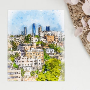 Printable Amman Skyline Watercolor Painting, Middle East Kingdom of ...