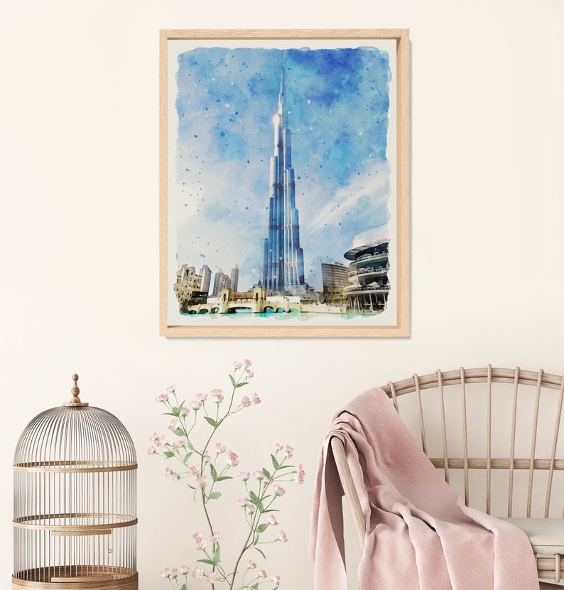 Printable Burj Khalifa UAE, Dubai Mall Watercolor Painting, United Arab ...