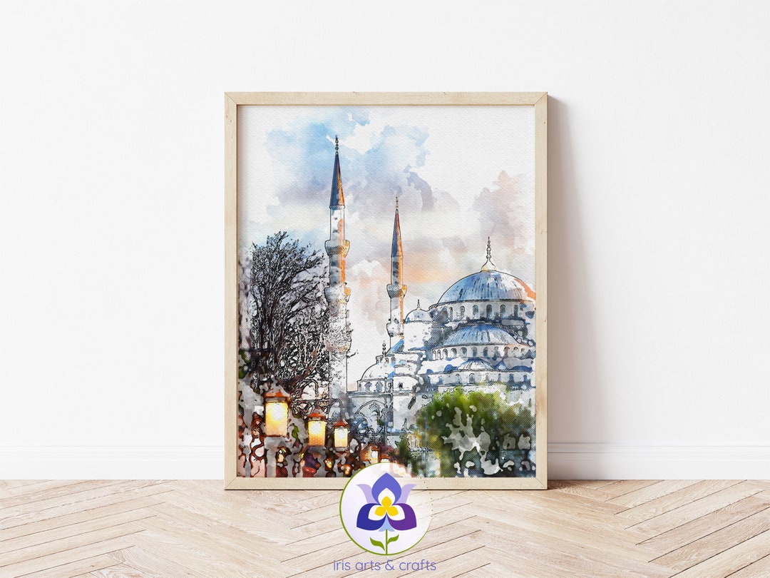 Istanbul Print, Printable Watercolor Painting, Istanbul Turkey Blue ...
