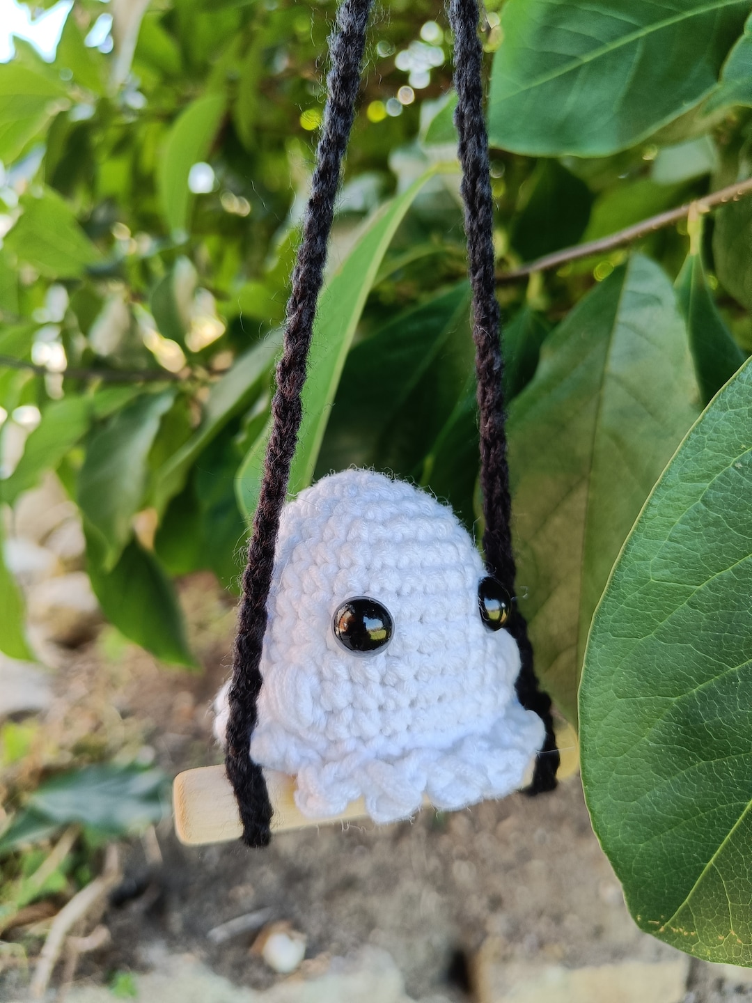 Hand-crocheted Ghost on a Swing - Ghost Car Decoration - Car Hanger ...