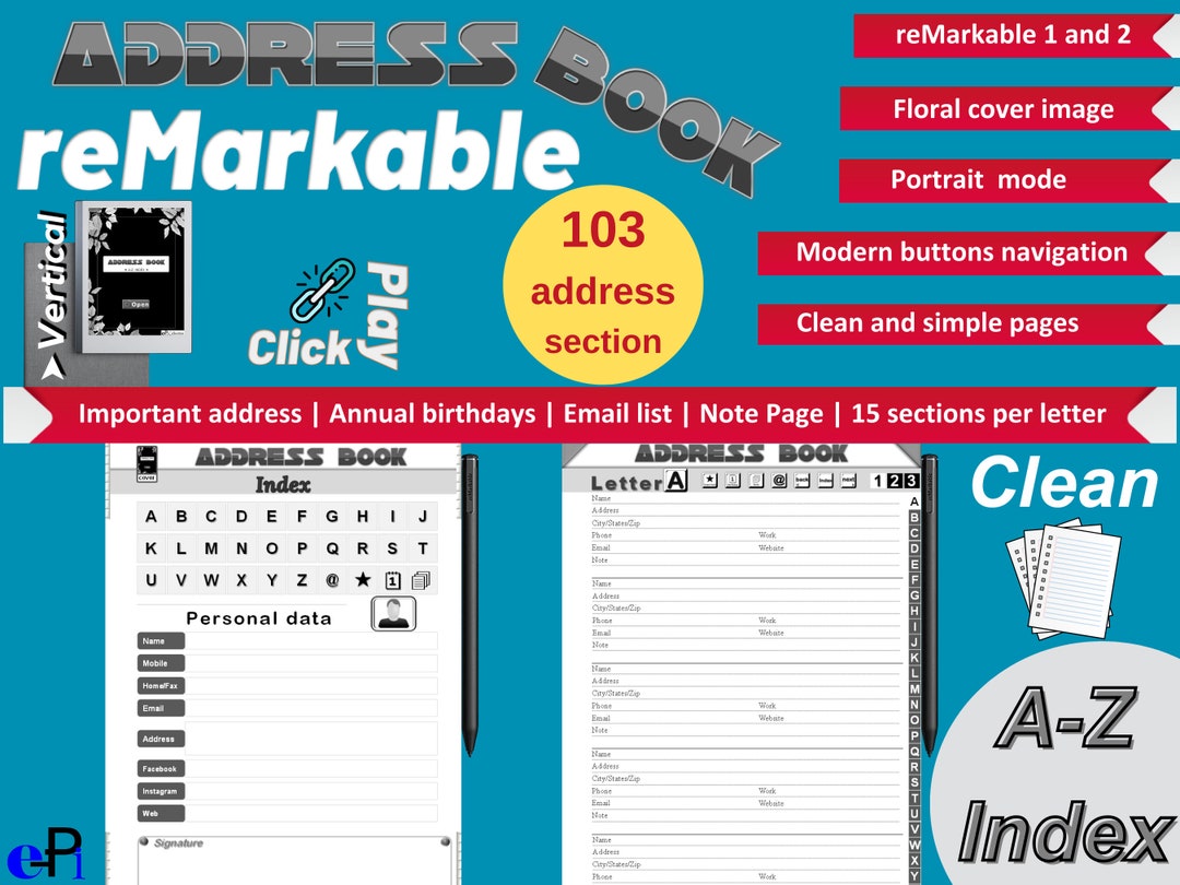 Address Book |designed for Remarkable|hyperlinked Digital Contacts|a-z ...