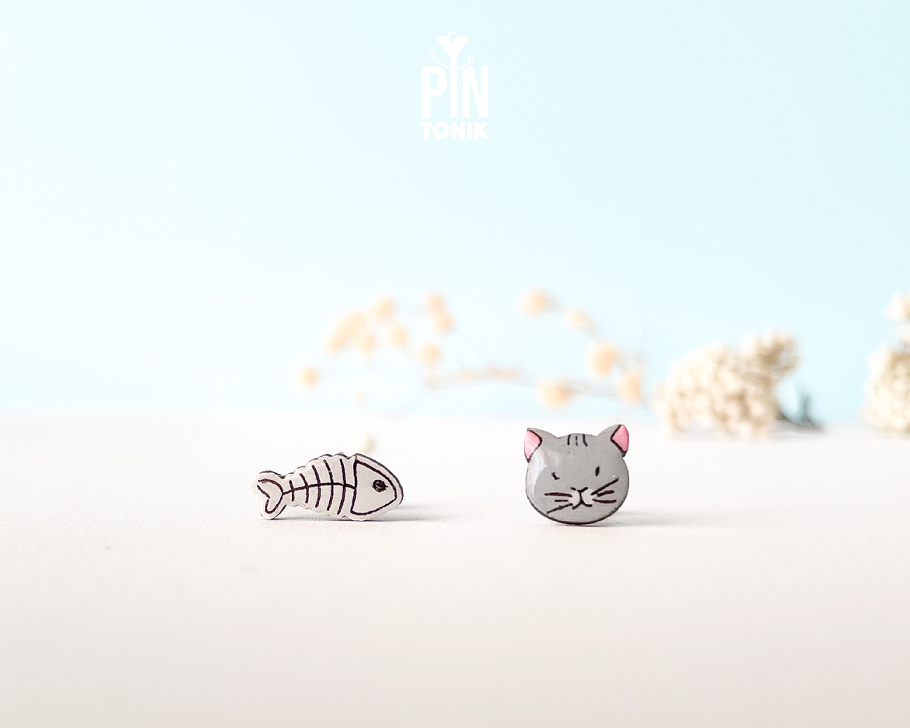 Mismatched Cat & Fish Skeleton Stud Earrings - Funny Wood Jewelry - Etsy