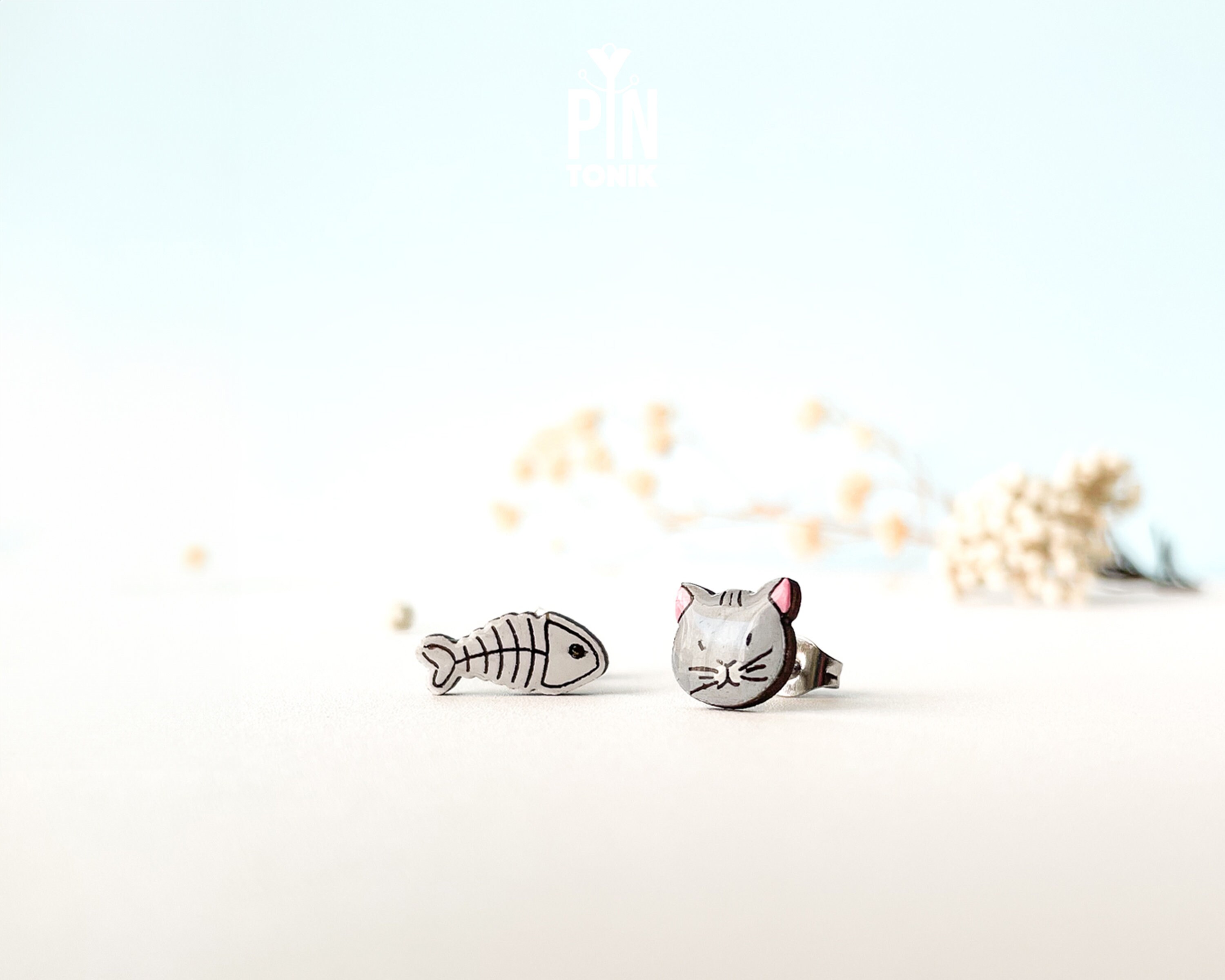 Mismatched Cat & Fish Skeleton Stud Earrings - Funny Wood Jewelry - Etsy