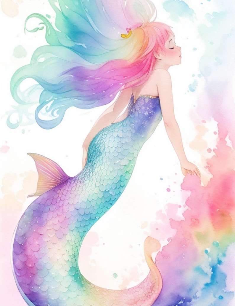 Rainbow Mermaid Clipart Mermaid Vibrant Clipart Watercolor Illustration ...