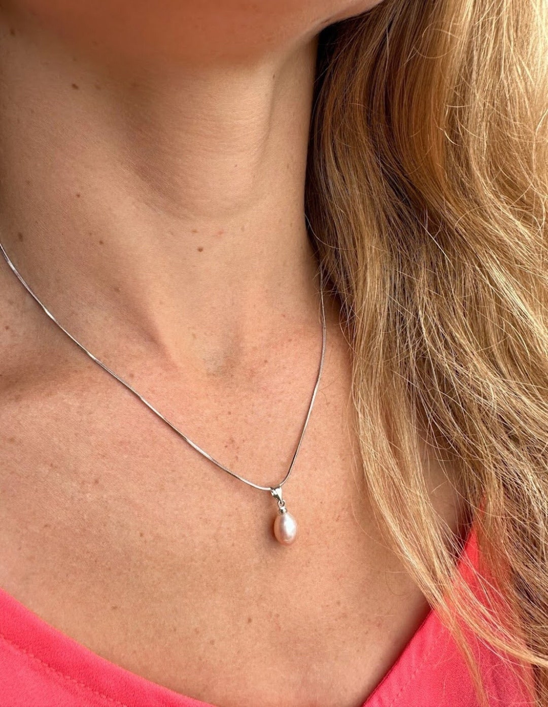 Real Pink Pearl Necklace, 925 Sterling Silver, Classic Single Pearl ...