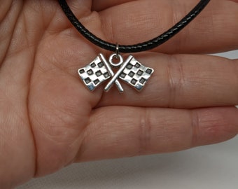 Double Crossed Checkered Flag Charm Necklace Racing Jewelry by Fastlane ...