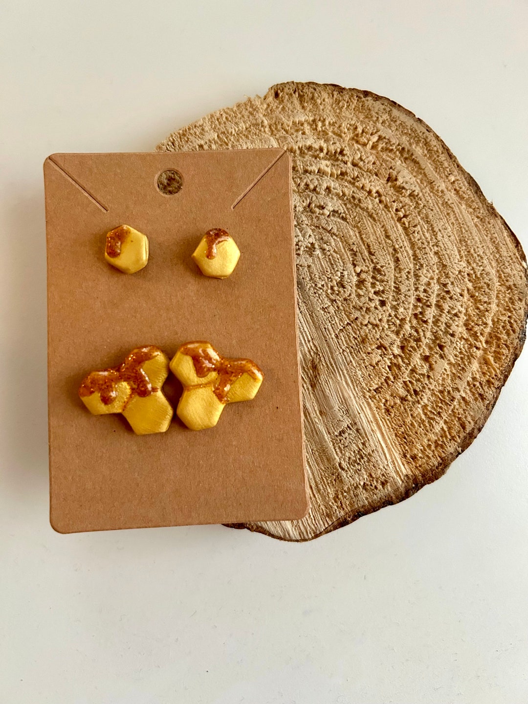 Honey Drip Honeycomb Double Piercing Earring Set Handmade Polymer Clay ...