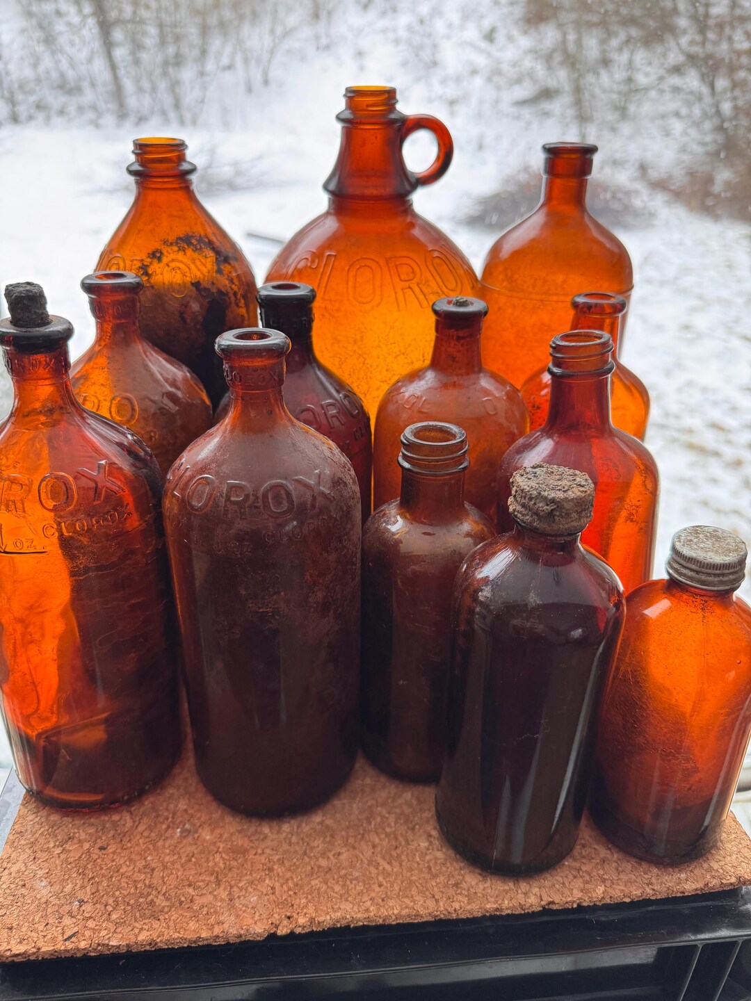 Antique Amber Chemical & Cleaner Bottles set of 13 temporarily Reserved ...