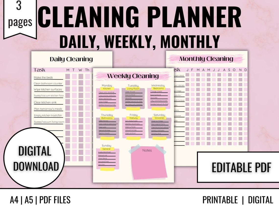 Editable Cleaning Schedule Printable Cleaning Checklist Daily Weekly ...