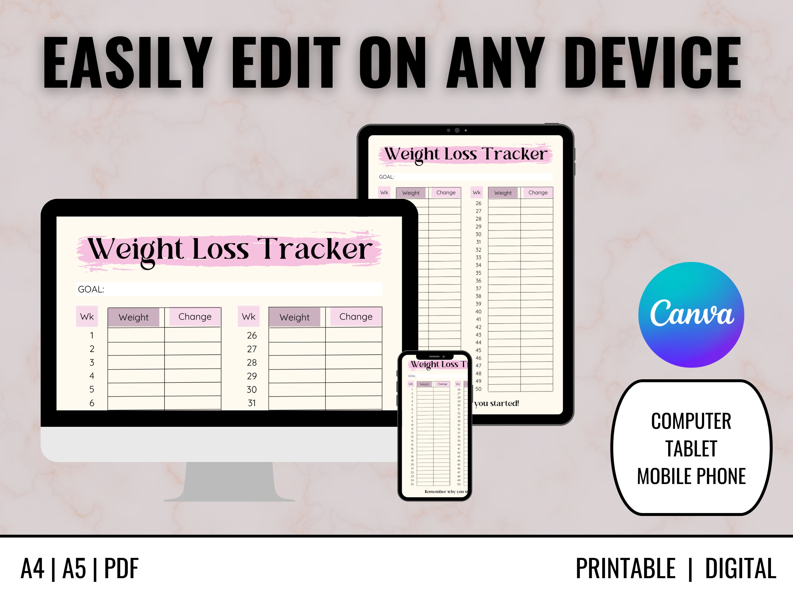 Editable Weekly Weight Tracker Weight Log Weight Loss Chart Weight Loss ...