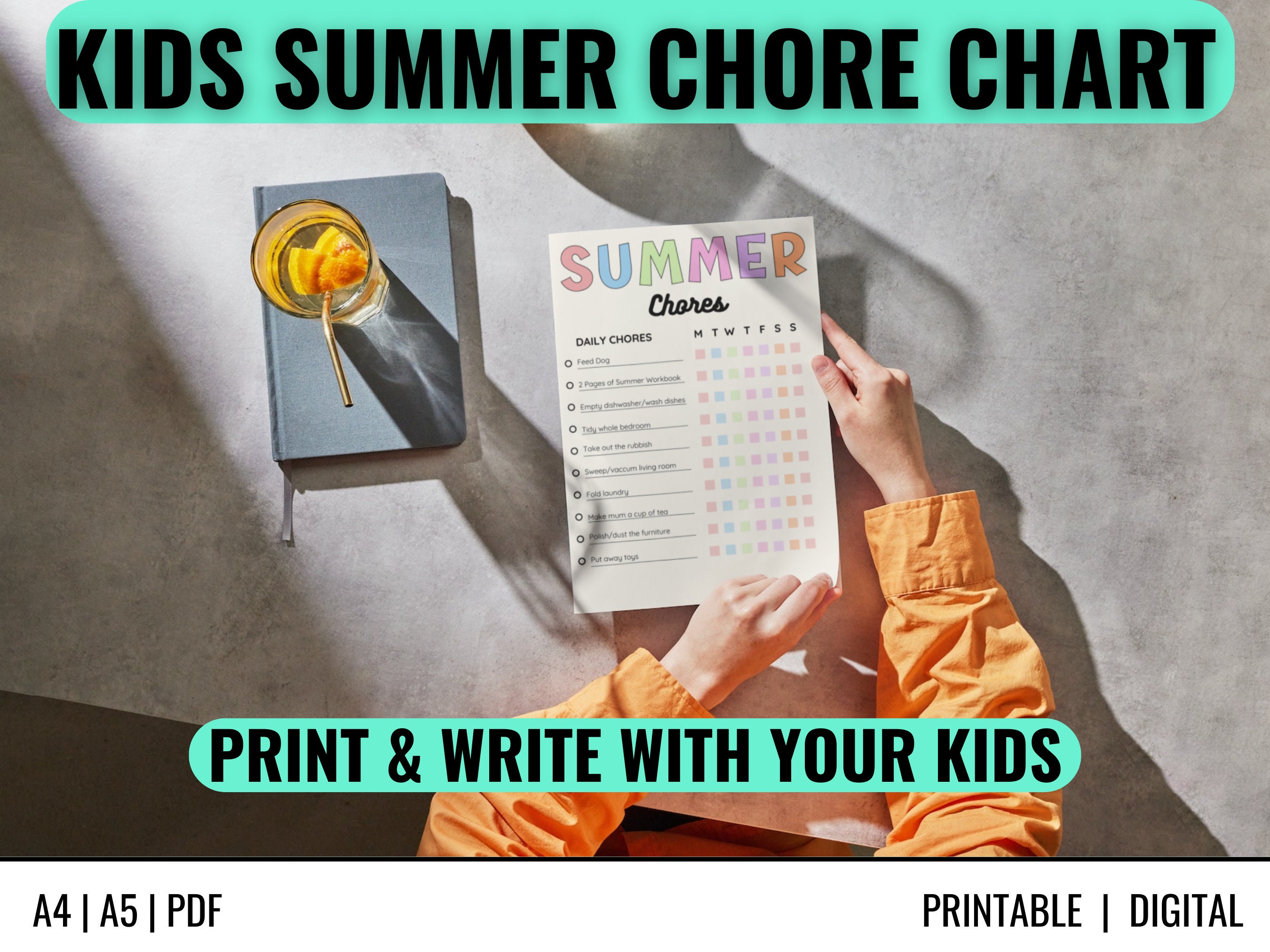 Editable Kids Summer Chore Chart, Printable, Digital, Summer Checklist ...