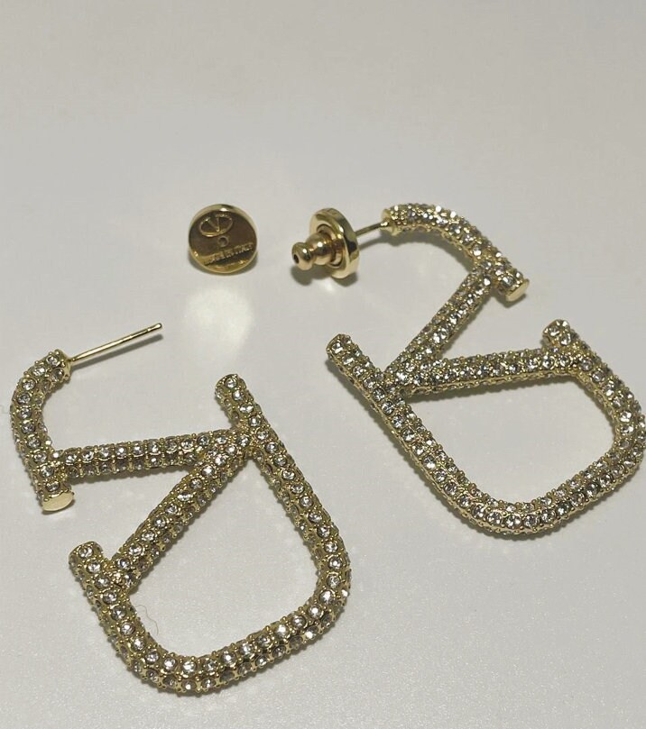 Luxury Pave Crystal Gold Tone Signature Earrings Statement Geometric ...