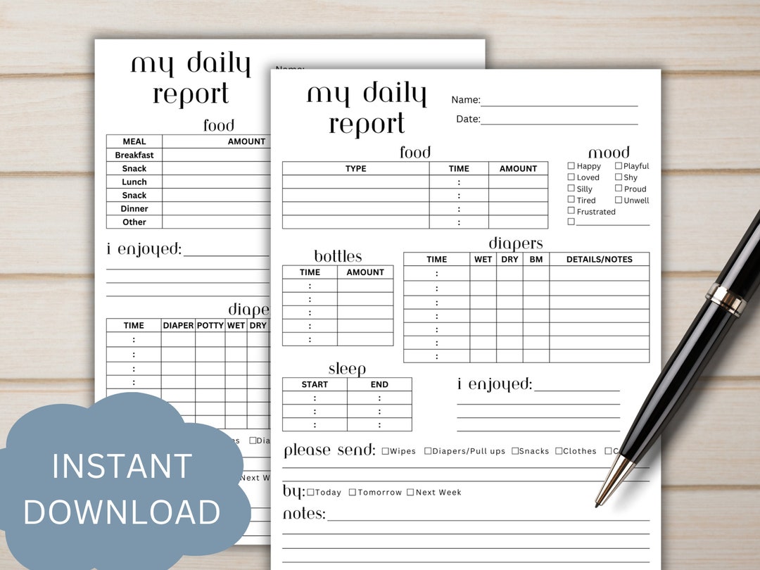 My Daily Report Daycare Printable Baby & Toddler Daily Log Infant ...
