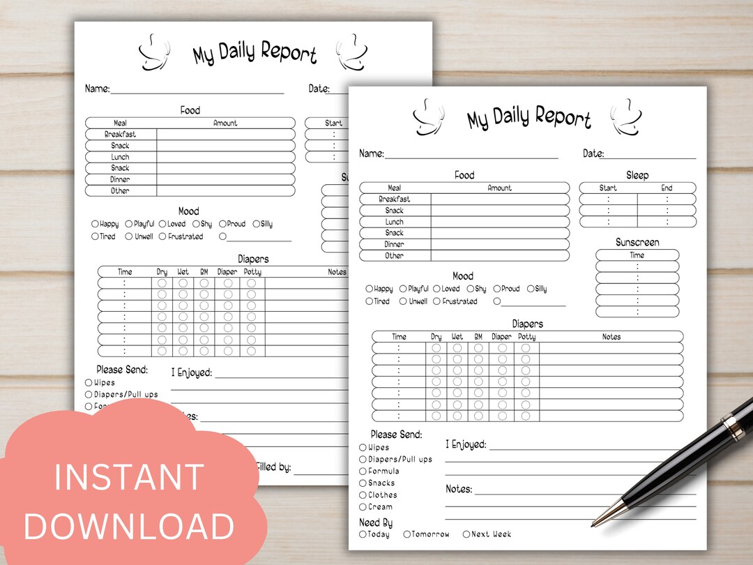 My Daily Report Daycare Printable Baby & Toddler Daily Log Infant ...