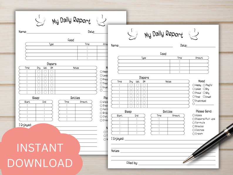 My Daily Report Daycare Printable Baby & Toddler Daily Log Infant ...