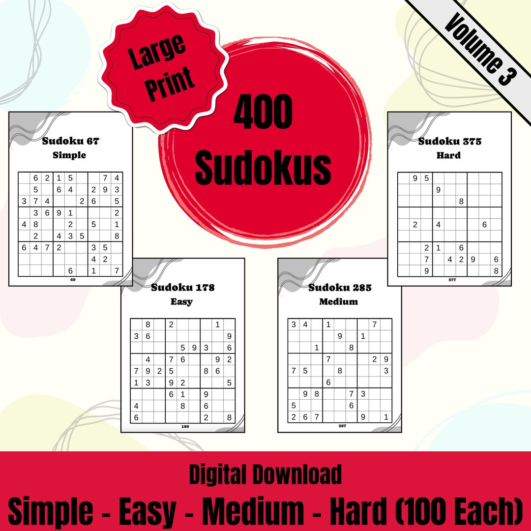 Large Print Sudoku 400 Printable Sudokus With Solutions Very Easy, Easy ...