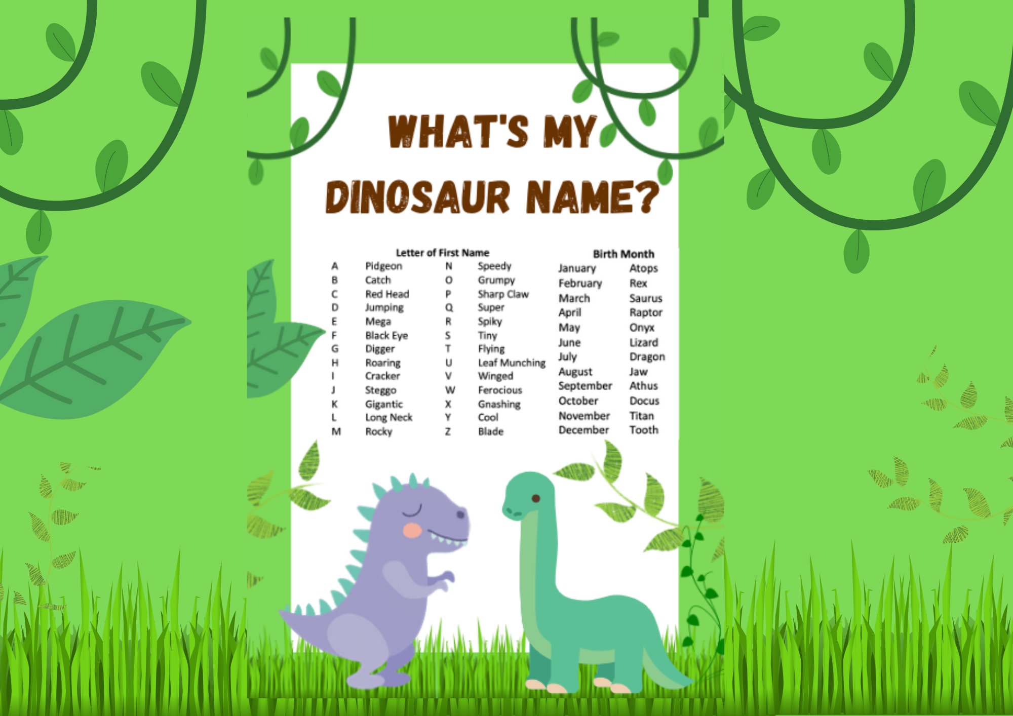 Whats My Dinosaur Name? Dinosaur Theme Party Name Generator Dinosaur ...