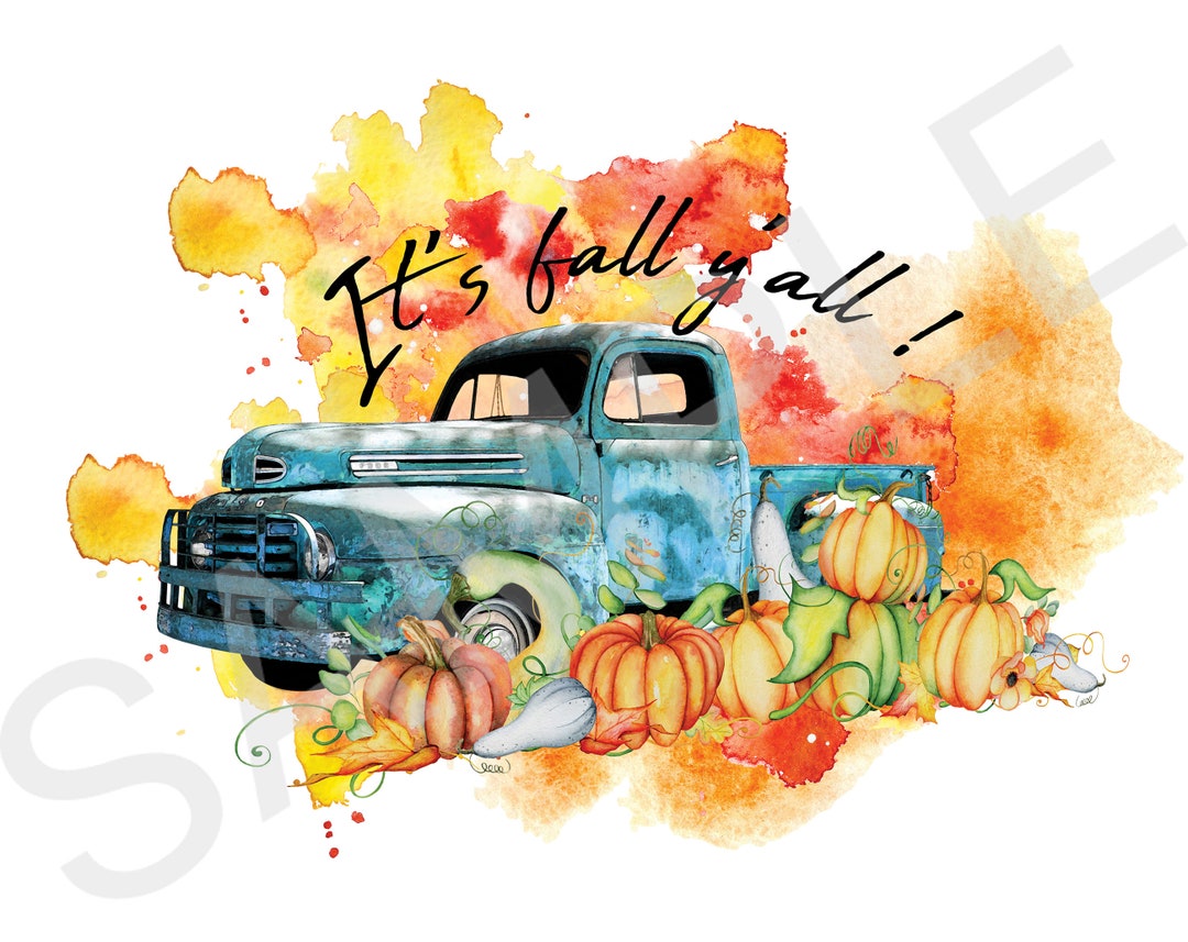 Autumn Fall Pick up Truck Watercolor Thanksgiving Decor - Etsy