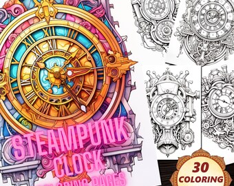 Steampunk Clock Printable Adult Coloring Page From Favoreads - Etsy ...