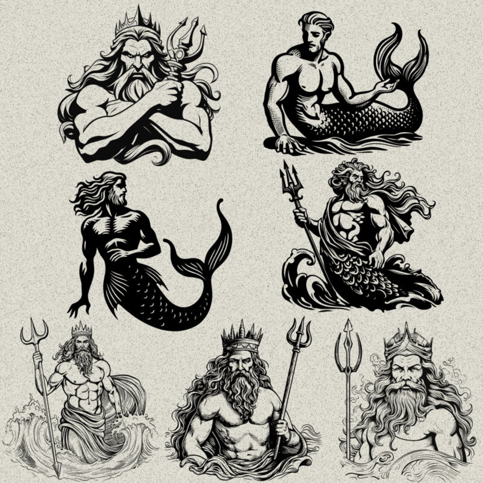 46 Mermaid, Mermen & King Neptune SVG PNG Design Bundle for Engraving ...
