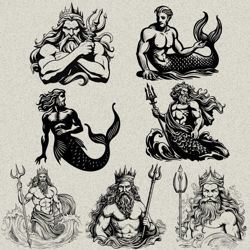 46 Mermaid, Mermen & King Neptune SVG PNG Design Bundle for Engraving ...