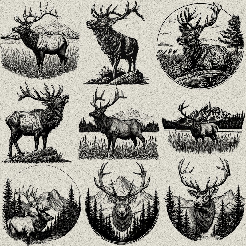 34 Elk Designs Bundle SVG & PNG for Laser Engraving or Print Bull Elk ...