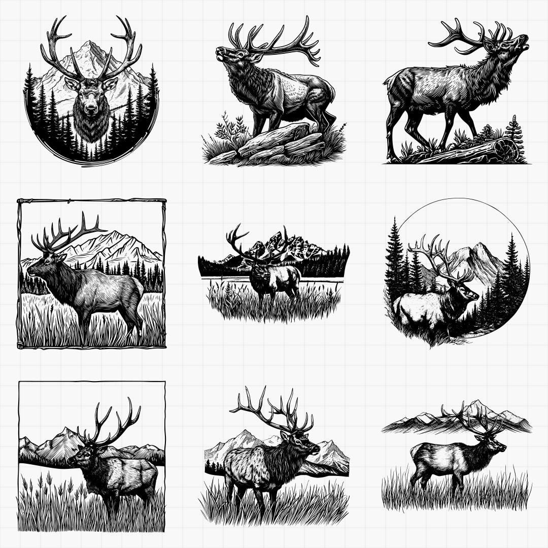 Elk Designs Bundle SVG & PNG for Laser Engraving or Print Bull Elk, Elk ...