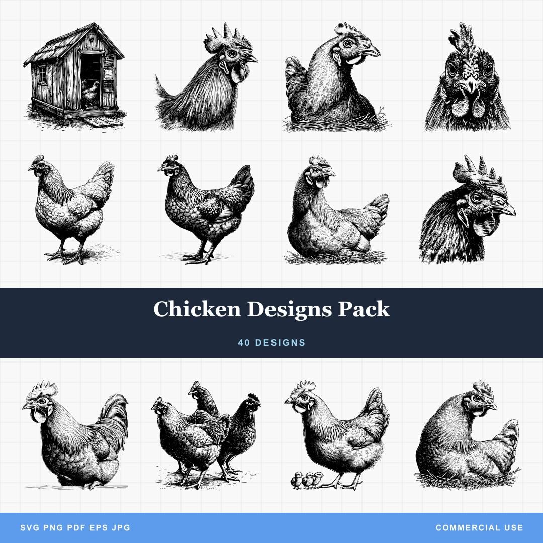 Chicken Designs Bundle PNG & SVG for Laser Engraving or Print, Chick ...