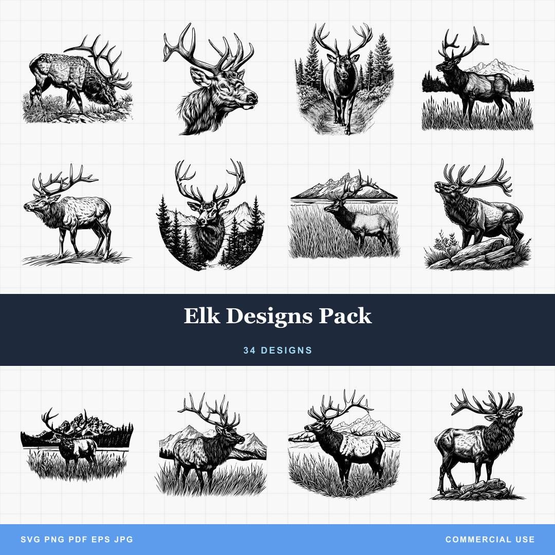 Elk Designs Bundle SVG & PNG for Laser Engraving or Print Bull Elk, Elk ...