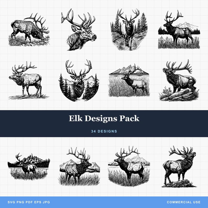 Elk Designs Bundle SVG & PNG for Laser Engraving or Print Bull Elk, Elk ...