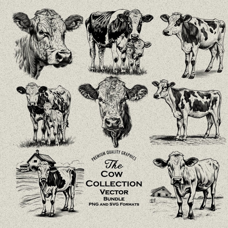42 Cow Designs Bundle PNG & SVG for Laser Engraving or Print, Dairy Cow ...