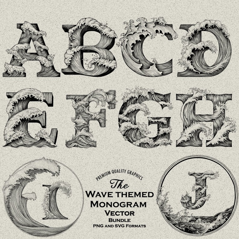 Wave Monogram Letter Designs Bundle PNG & SVG Digital Download for ...