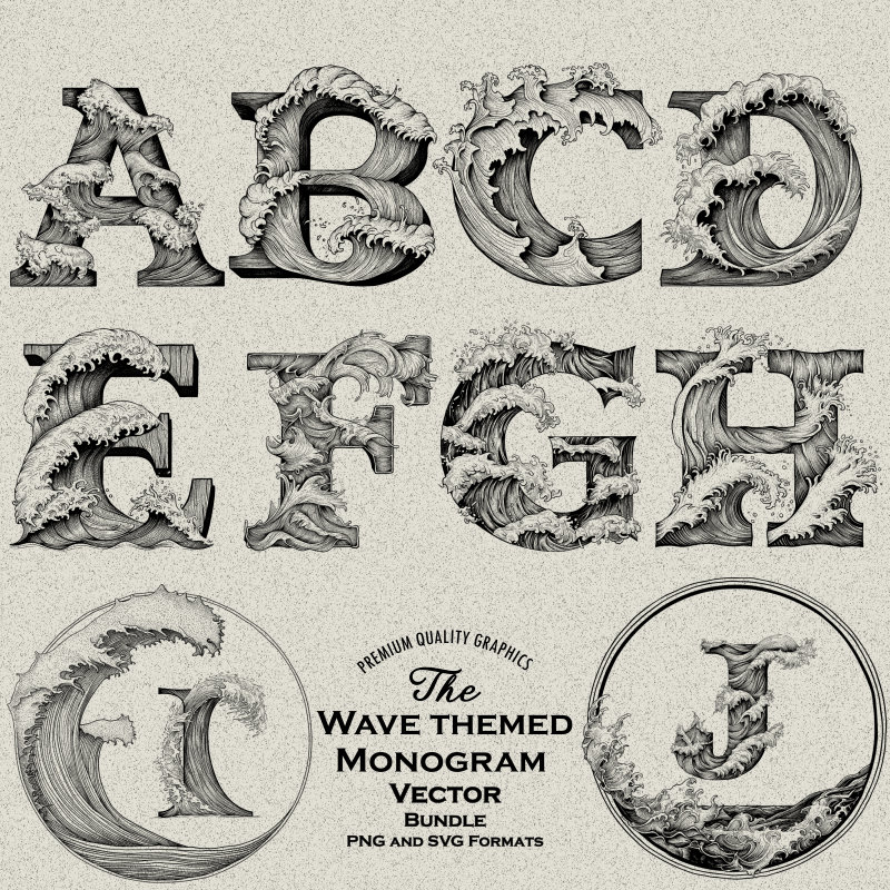 Wave Monogram Letter Designs Bundle PNG & SVG Digital Download for ...