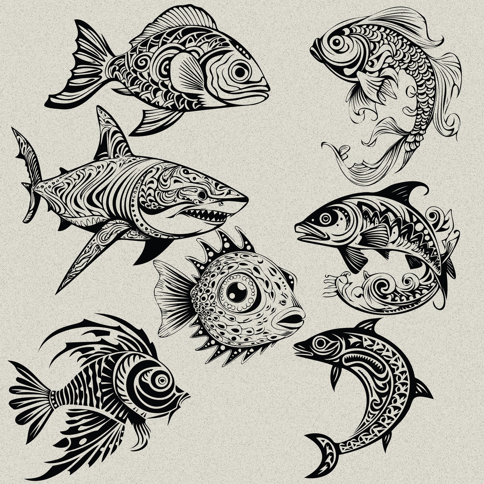 50 Tribal Fish SVG-PNG Bundle Digital Files Māori: Salmon, Lion Fish ...