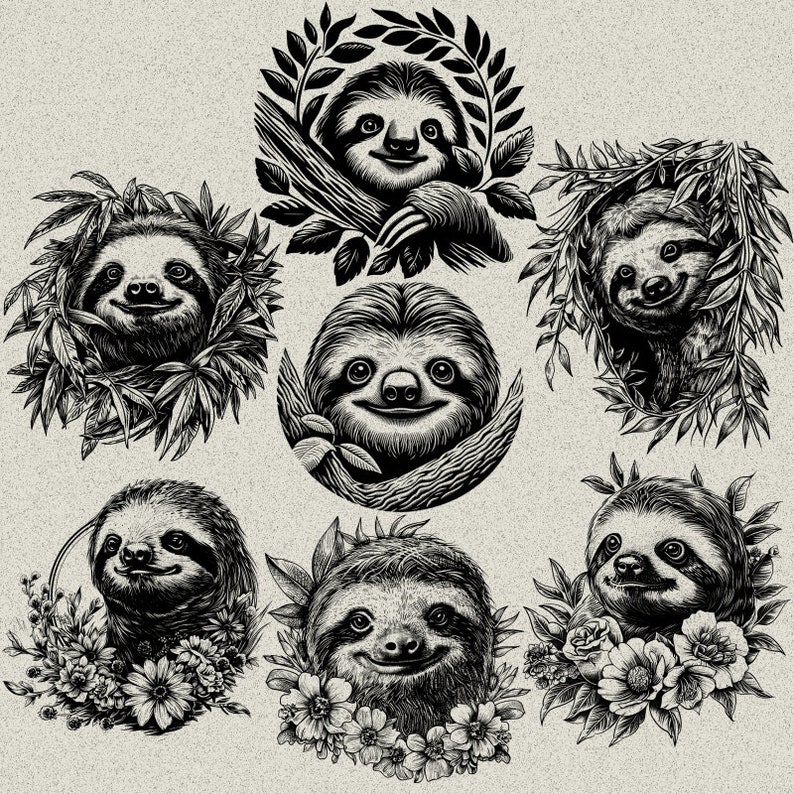 30 Sloth Designs Bundle SVG & PNG for Laser Engraving or Print: Sloths ...