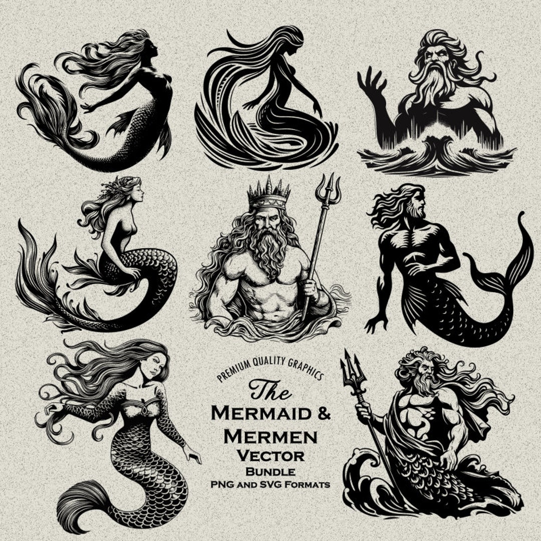 46 Mermaid, Mermen & King Neptune SVG PNG Design Bundle for Engraving ...