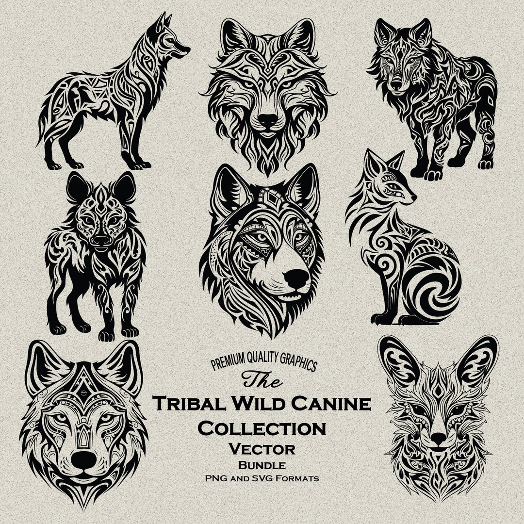 25 Tribal Wild Canine Design Bundle SVG & PNG Files, for Engraving ...