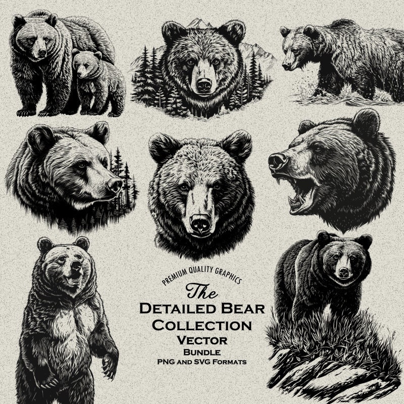 38 Bear High Detail SVG & PNG Bundle Pack for Laser Engraving or Print: Grizzly, Mamma Bear ...