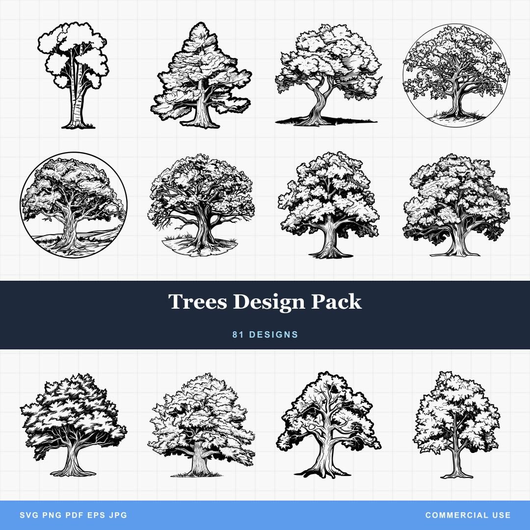 Tree SVG & PNG Bundle Designs for Laser Engraving, Print-on-demand, Oak ...