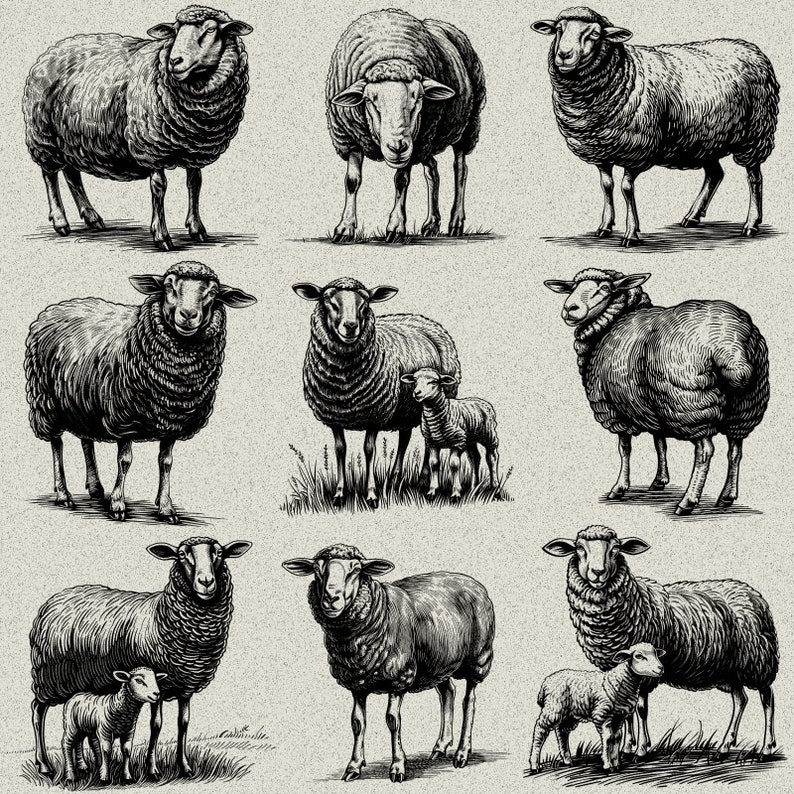 27 Sheep Designs Bundle PNG & SVG Digital for Laser Engraving or Print, Lamb, Baby Sheep, Farm ...