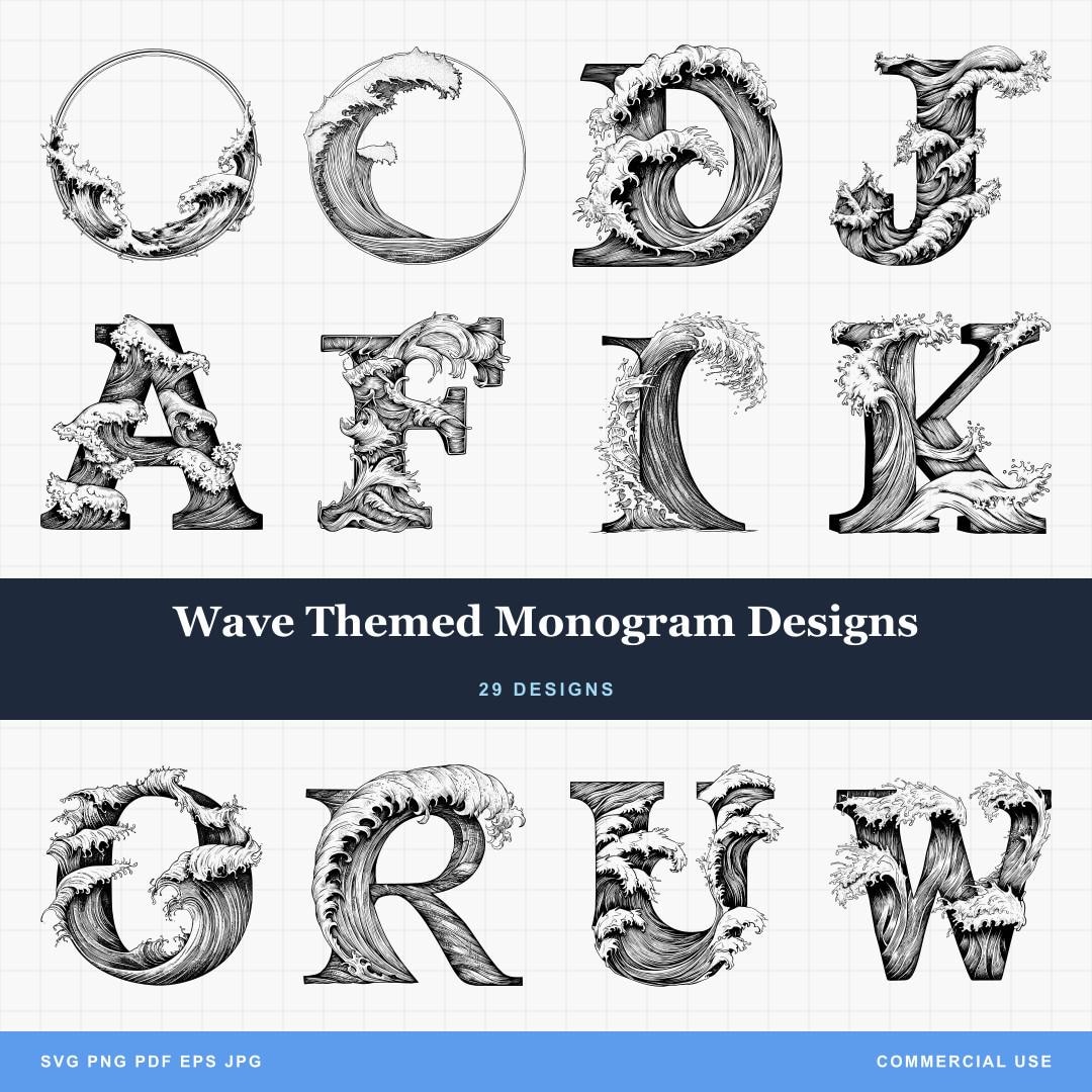 Wave Monogram Letter Designs Bundle PNG & SVG Digital Download for ...