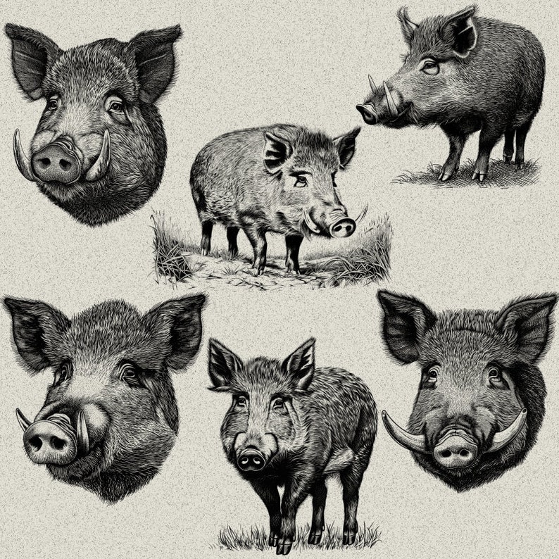 36 Wild Boar Detailed Designs Bundle PNG & SVG for Laser Engraving or ...