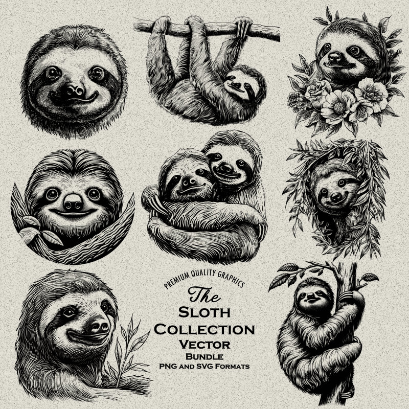 30 Sloth Designs Bundle SVG & PNG for Laser Engraving or Print: Sloths ...