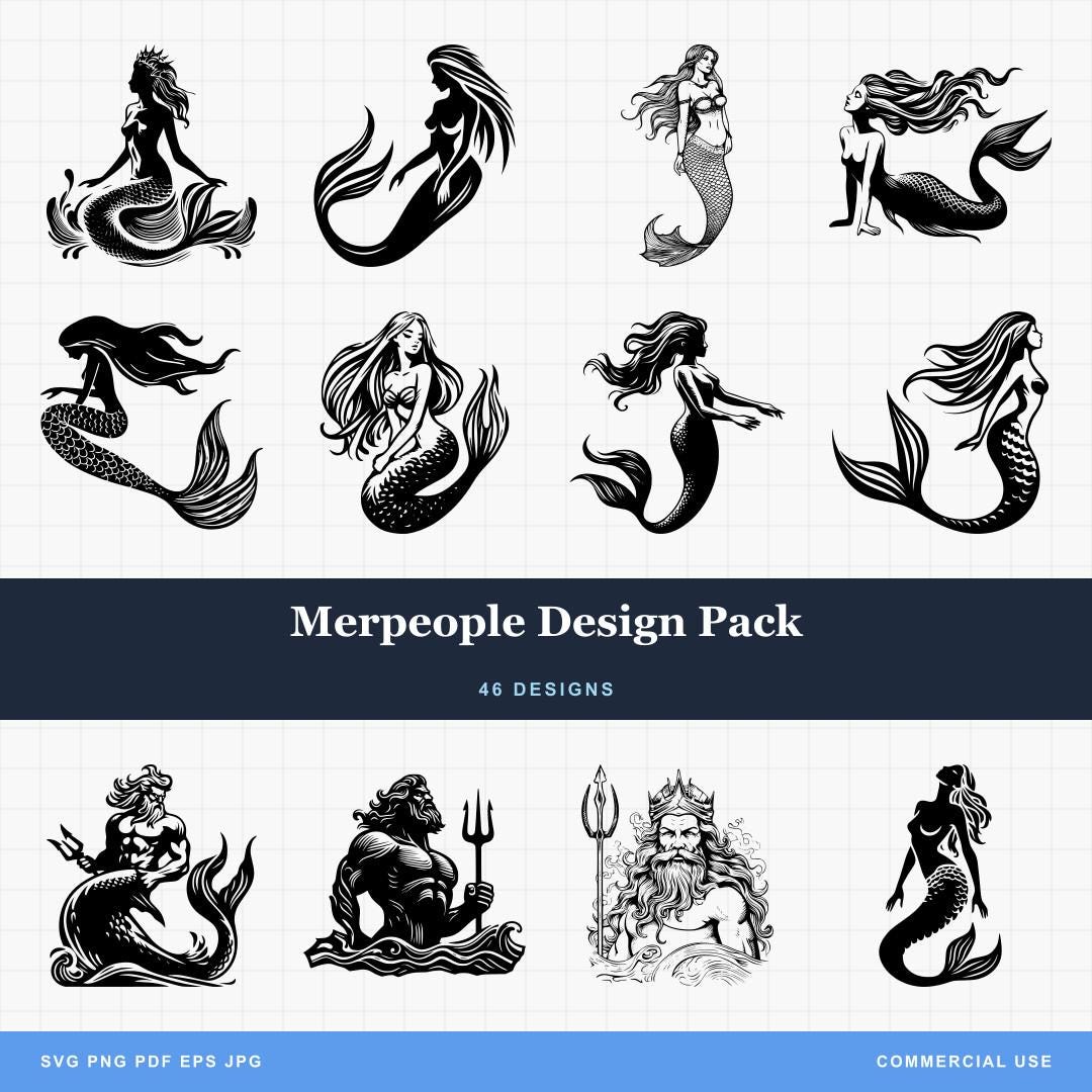 Mermaid, Mermen & King Neptune SVG PNG Design Bundle for Engraving ...