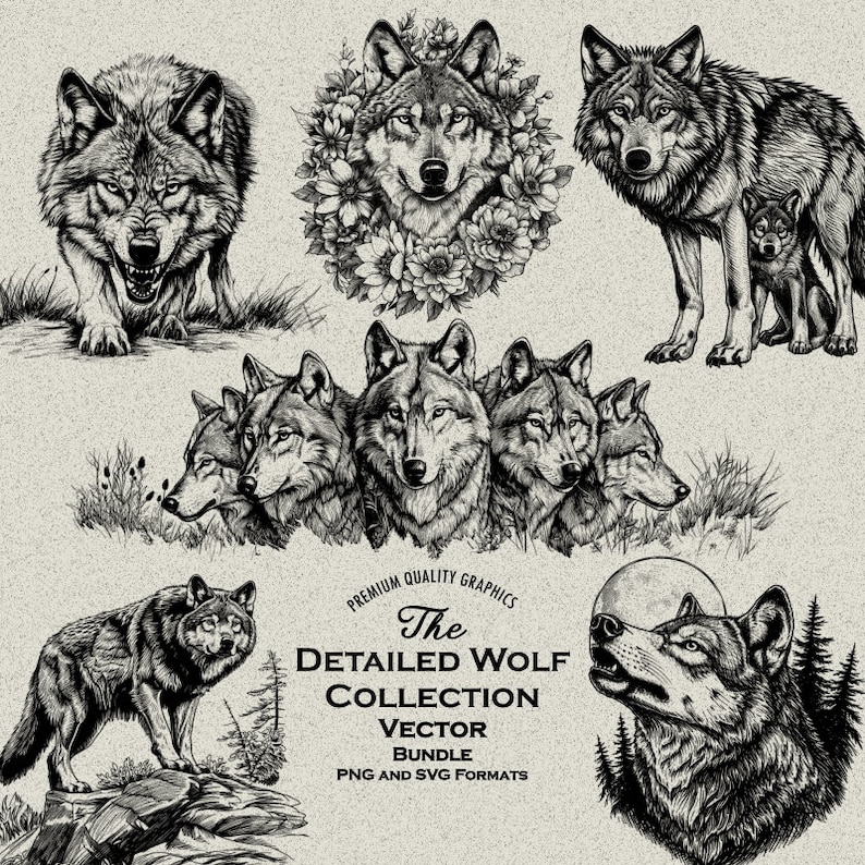 40 Detailed Wolf Designs SVG & PNG Bundle for Laser Engraving or Print ...