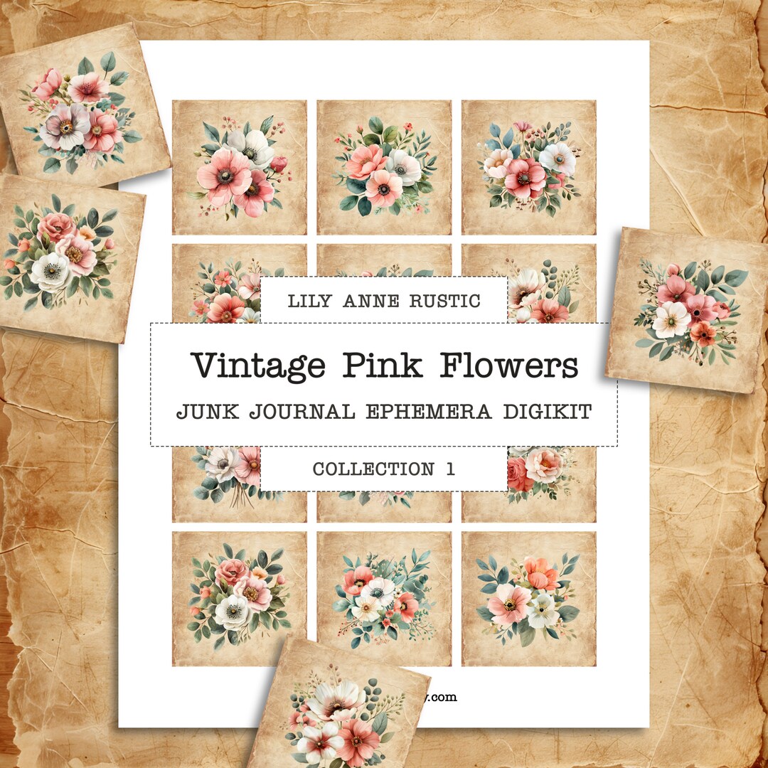 Vintage Pink Flower Tags Junk Journal Printable Paper Pink Floral ...