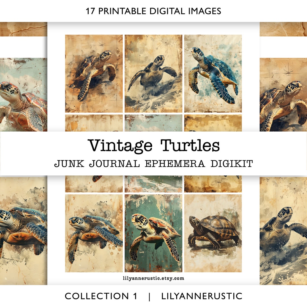 Turtle Junk Journal Vintage Images Digikit Scrapbook Ephemera Kit Printable Turtle Digital Paper ...