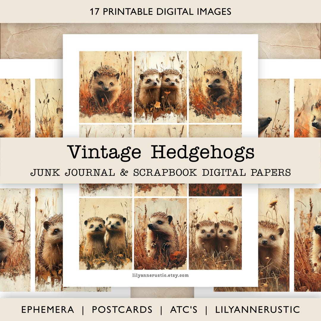 Hedgehog Junk Journal Ephemera Images Hedgehog Digital Paper Scrapbook ...